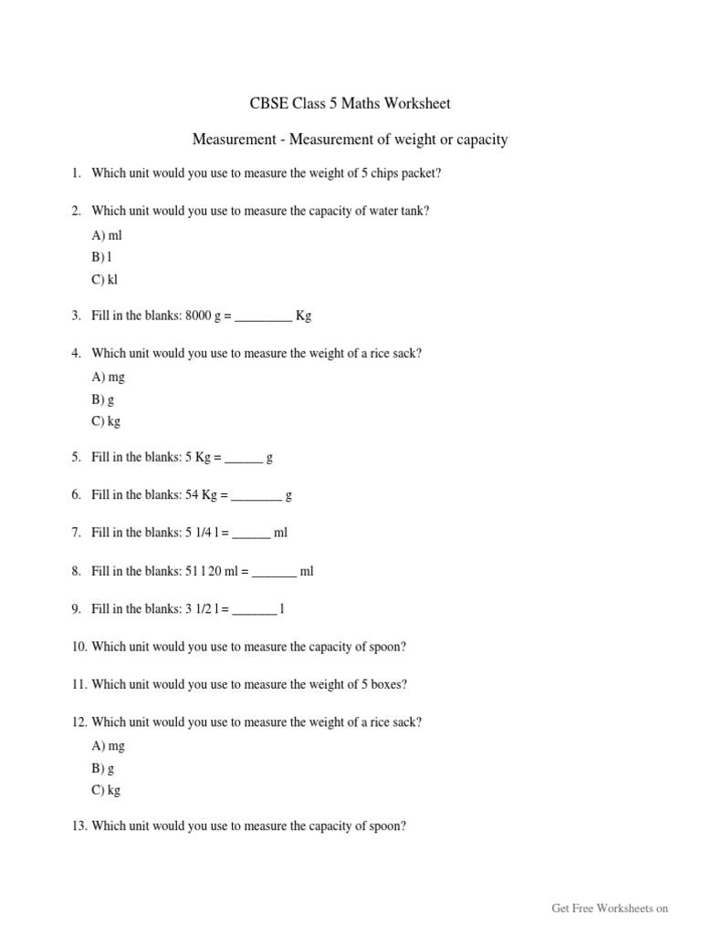 Class 5 Measurement Worksheets & Answers | PDF