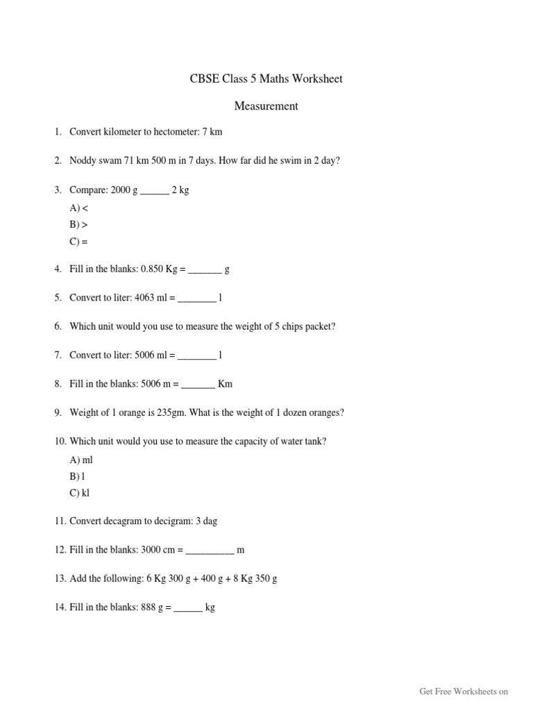 CBSE Class 5 Maths Worksheet Measurement: Get Free Worksheets On | PDF