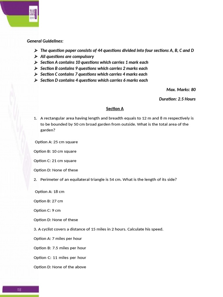 CBSE Sample Paper Class 6 Maths Set 5 | PDF | Area | Speed