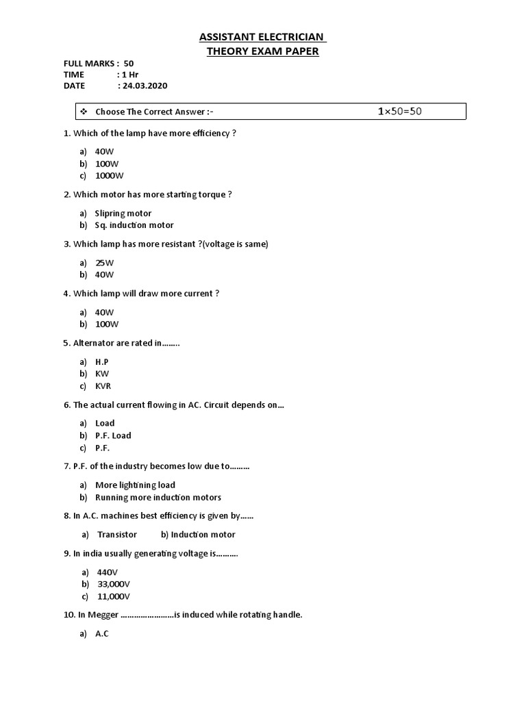 Theory Exam Paper | PDF | Electric Motor | Alternating Current