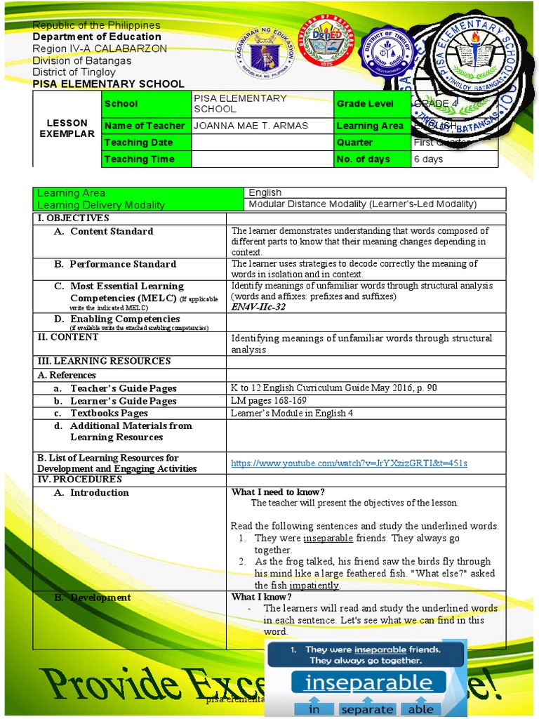English 4 - Q1-Melc #5 Lesson Exemplar | PDF | Word | Learning