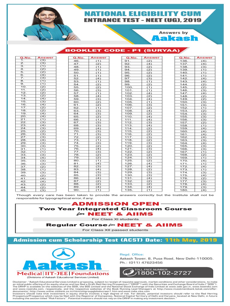 NEET Answers Key 2019 P1 Aakash RrcfFN6 PDF | PDF | Stocks | Investor