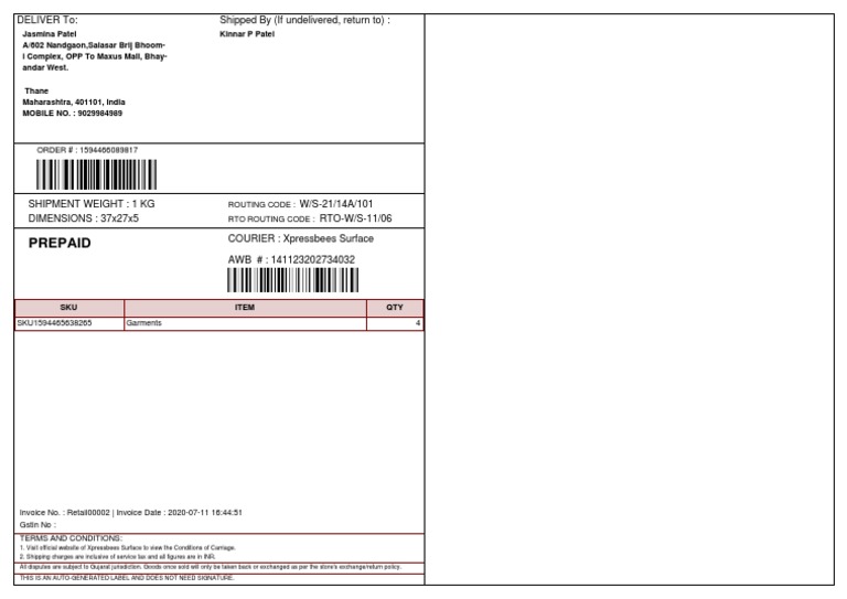 Prepaid: Deliver To: Shipped by (If Undelivered, Return To) | PDF