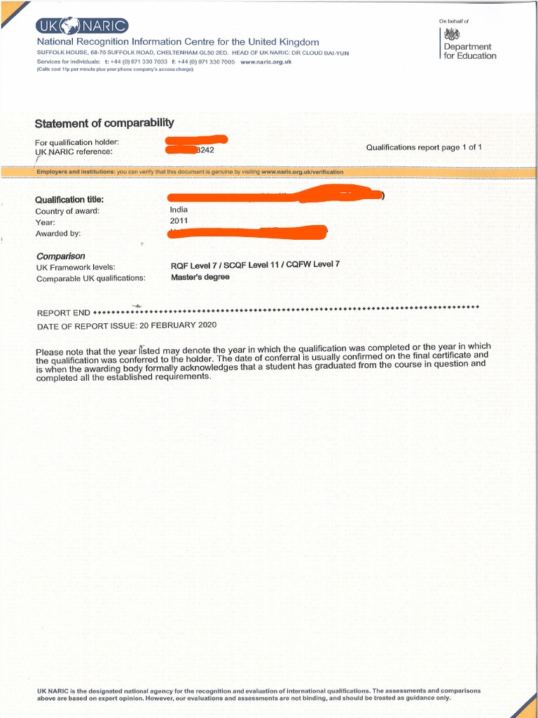 NARIC Comparability Statement - Sample | PDF