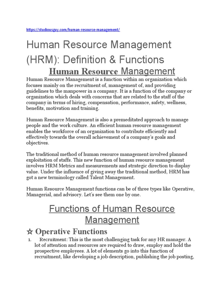 Human Resource Management (HRM) : Definition & Functions | PDF | Human ...