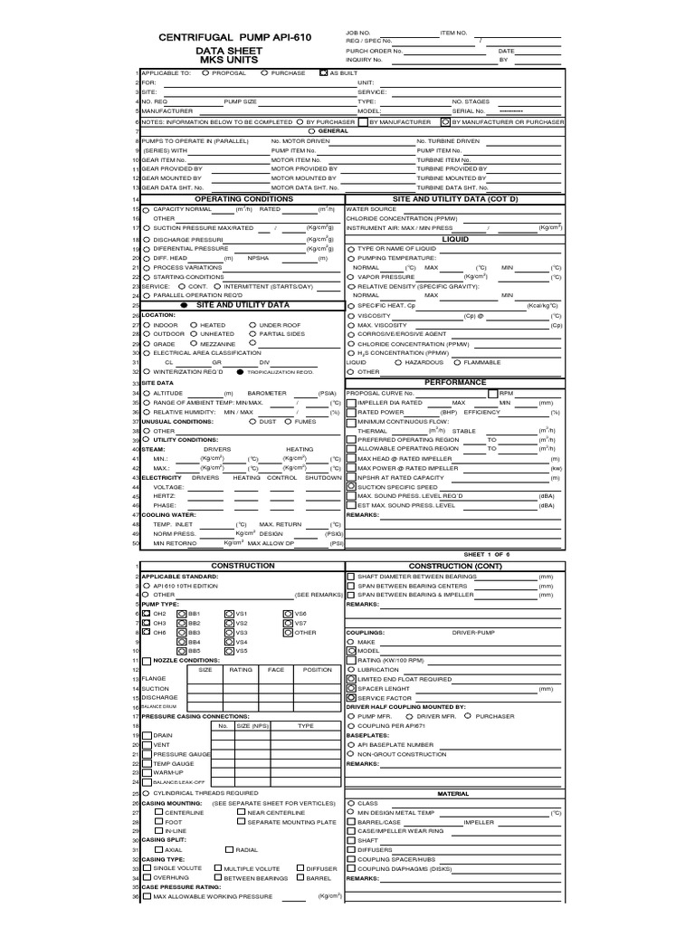 API 610 Centrifugal Pump Data Sheet | PDF | Pipe (Fluid Conveyance ...