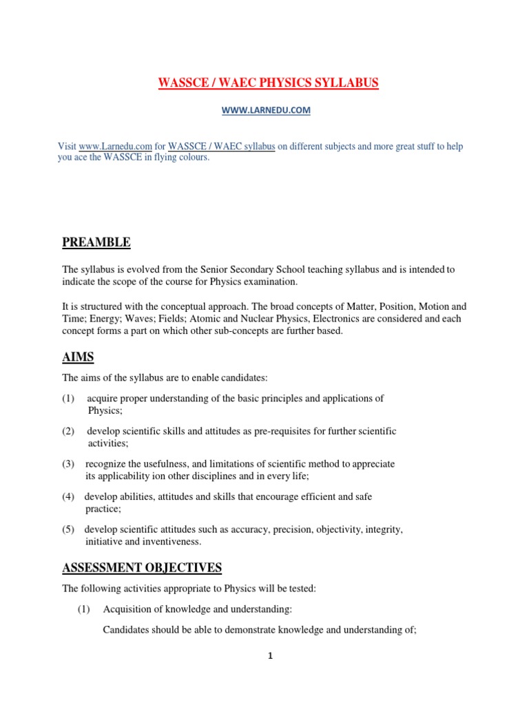 Wassce Waec Physics Syllabus Preamble Pdf Magnetic Field Force