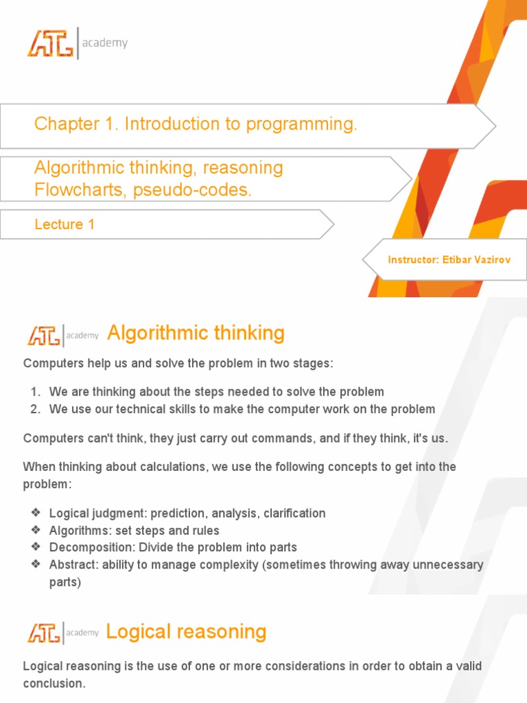 Algorithmic Thinking, Reasoning Flowcharts, Pseudo-Codes. (Lecture-1 ...