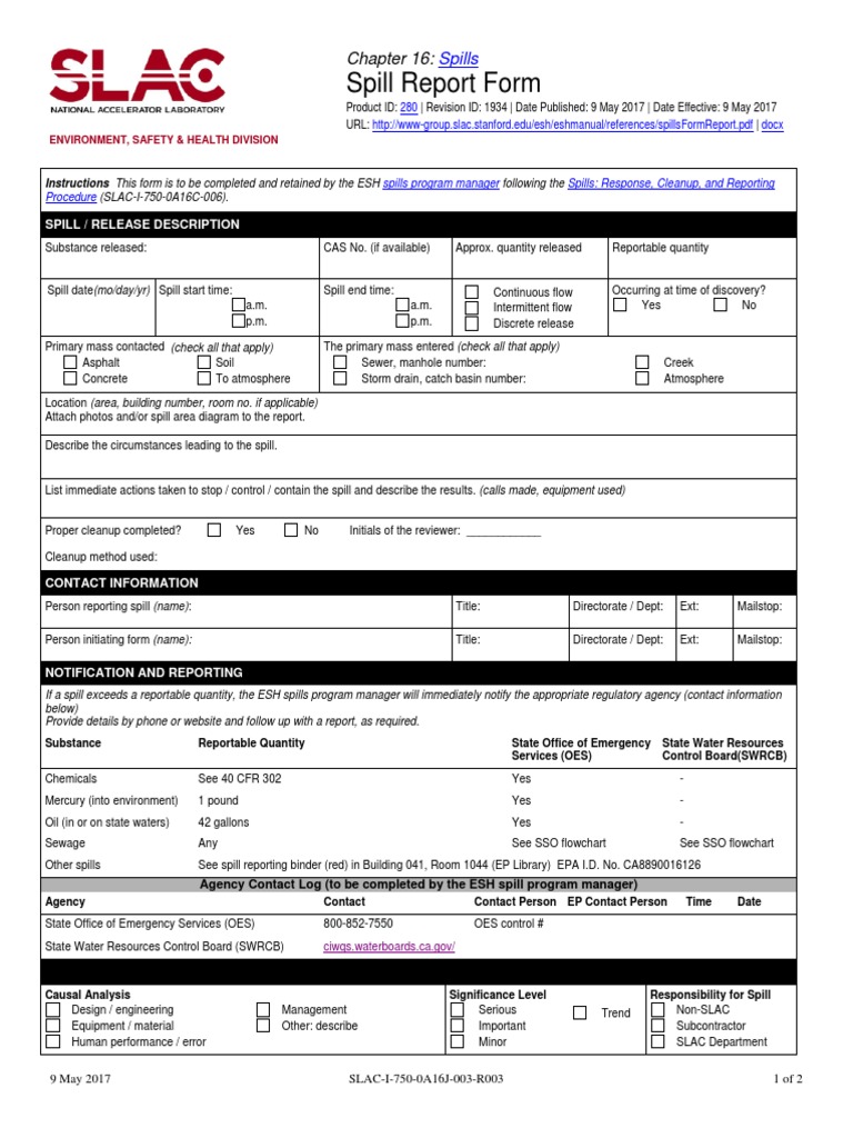 Spill Report Form: Spills | PDF | Storm Drain | Water Supply