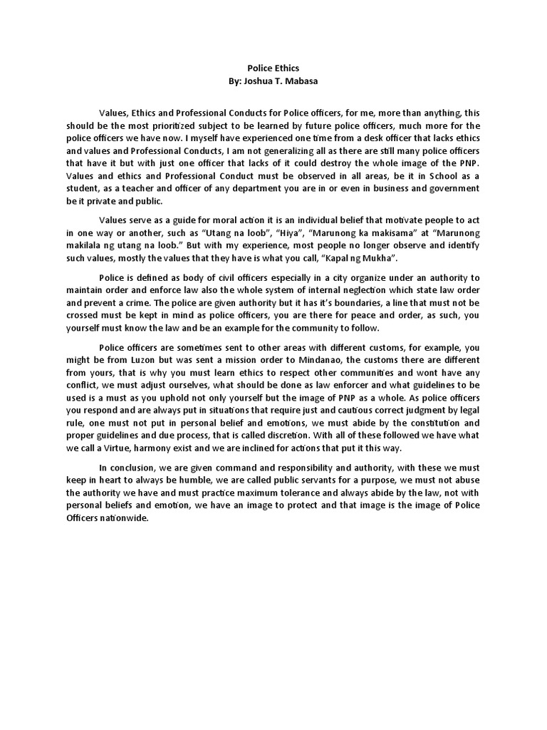 Police Ethics By: Joshua T. Mabasa | PDF | Value (Ethics) | Police Officer