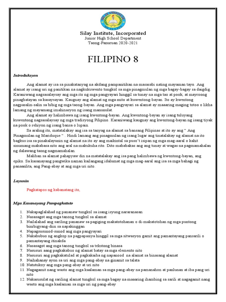 Filipino 8 Modyul 3 Unang Markahan | PDF