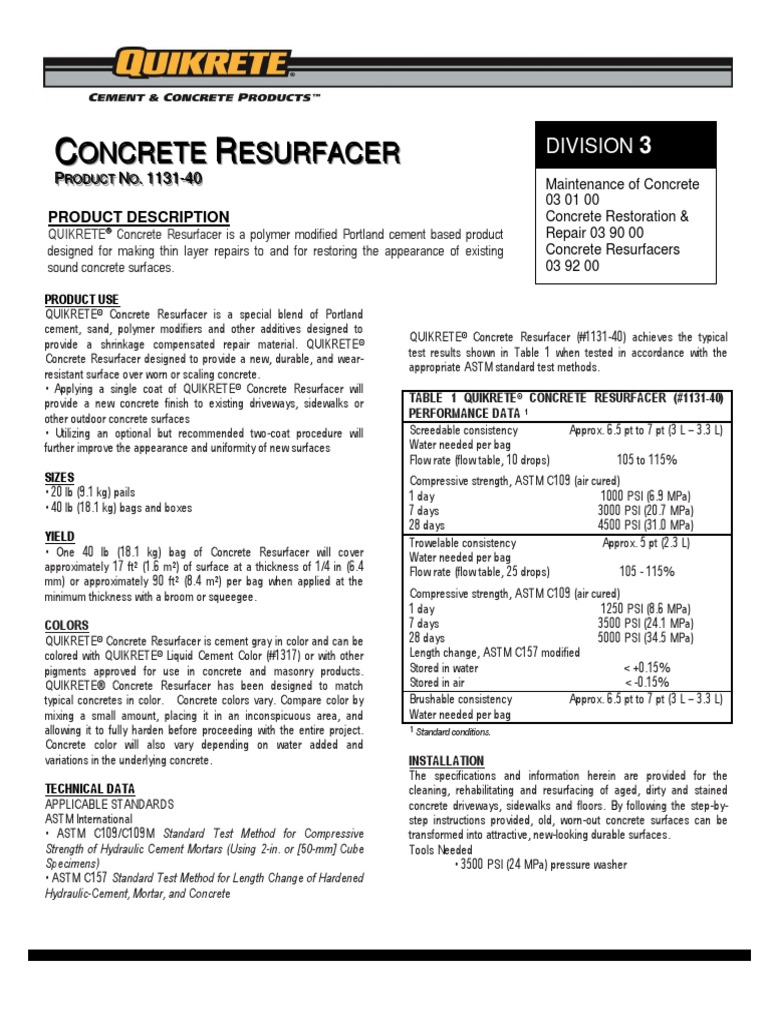 Data - Sheet-Concrete Resurfacer 1131-40 | PDF | Mortar (Masonry ...
