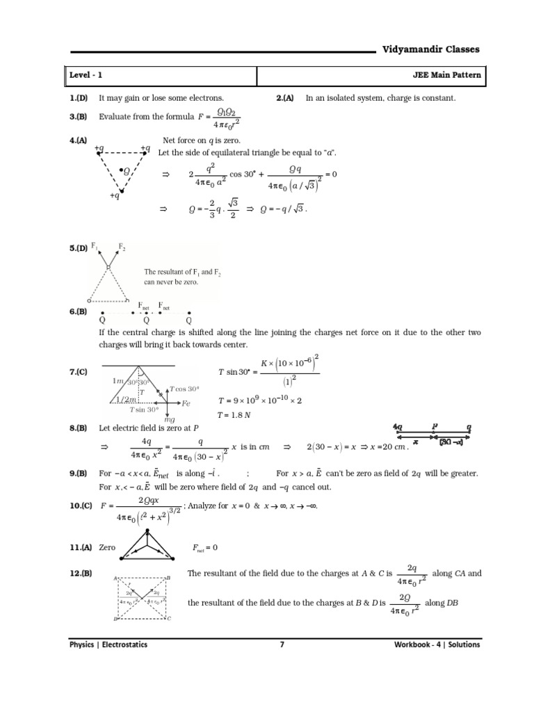 Electrostatics Workbook Solutions | PDF | Electric Field | Dipole