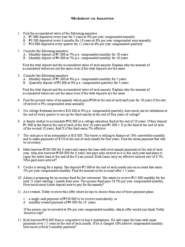 Worksheet On Annuities | PDF | Interest | Loans