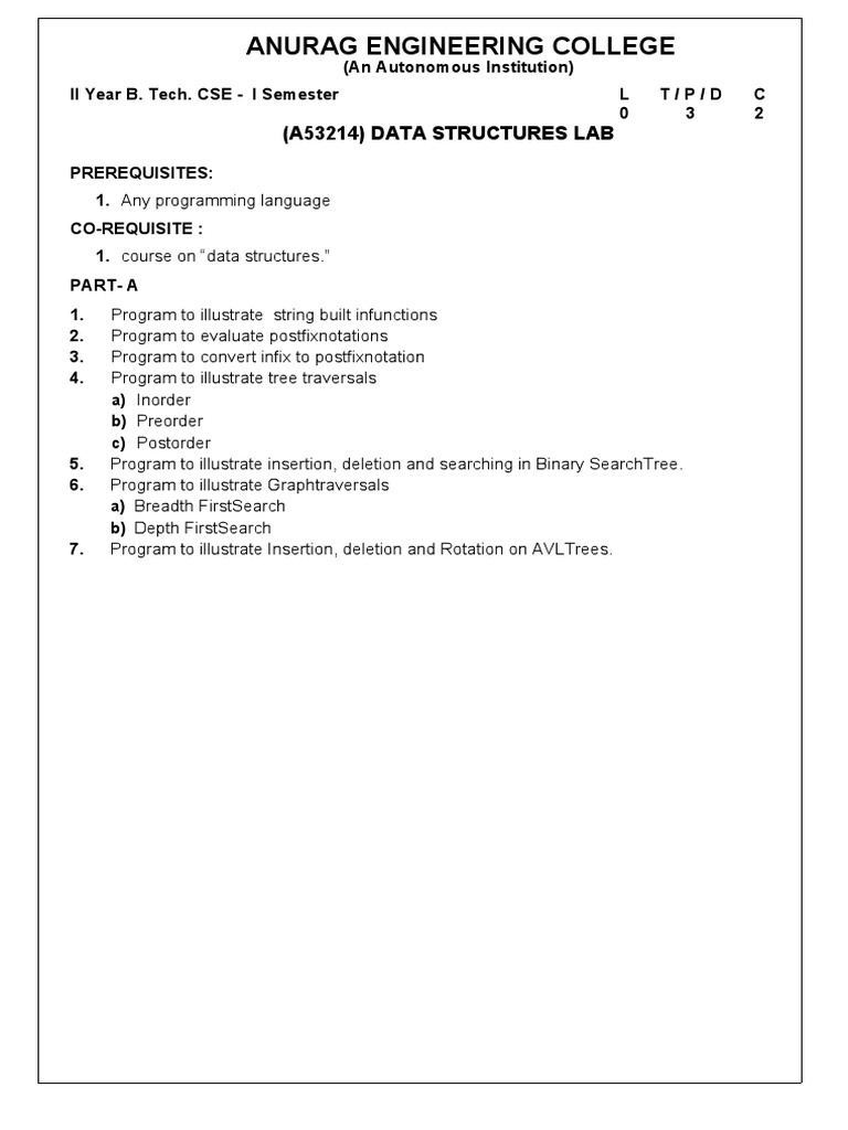 Anurag Engineering College: (A53214) Data Structures Lab | PDF | Combinatorics | Algorithms And ...