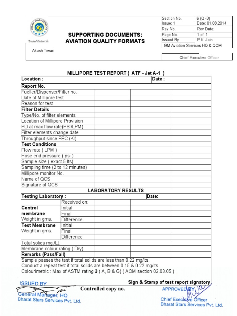 Supporting Documents: Aviation Quality Formats: Millipore Test Report ...