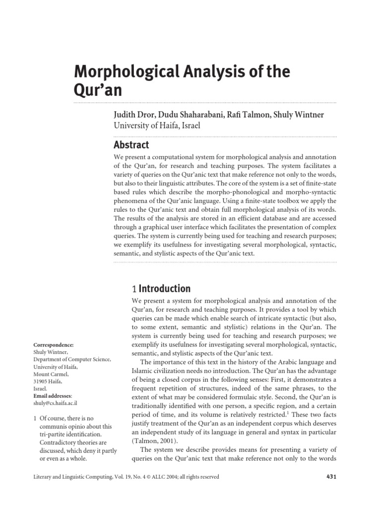 Morphological Analysis of The Qur'an: Judith Dror, Dudu Shaharabani ...