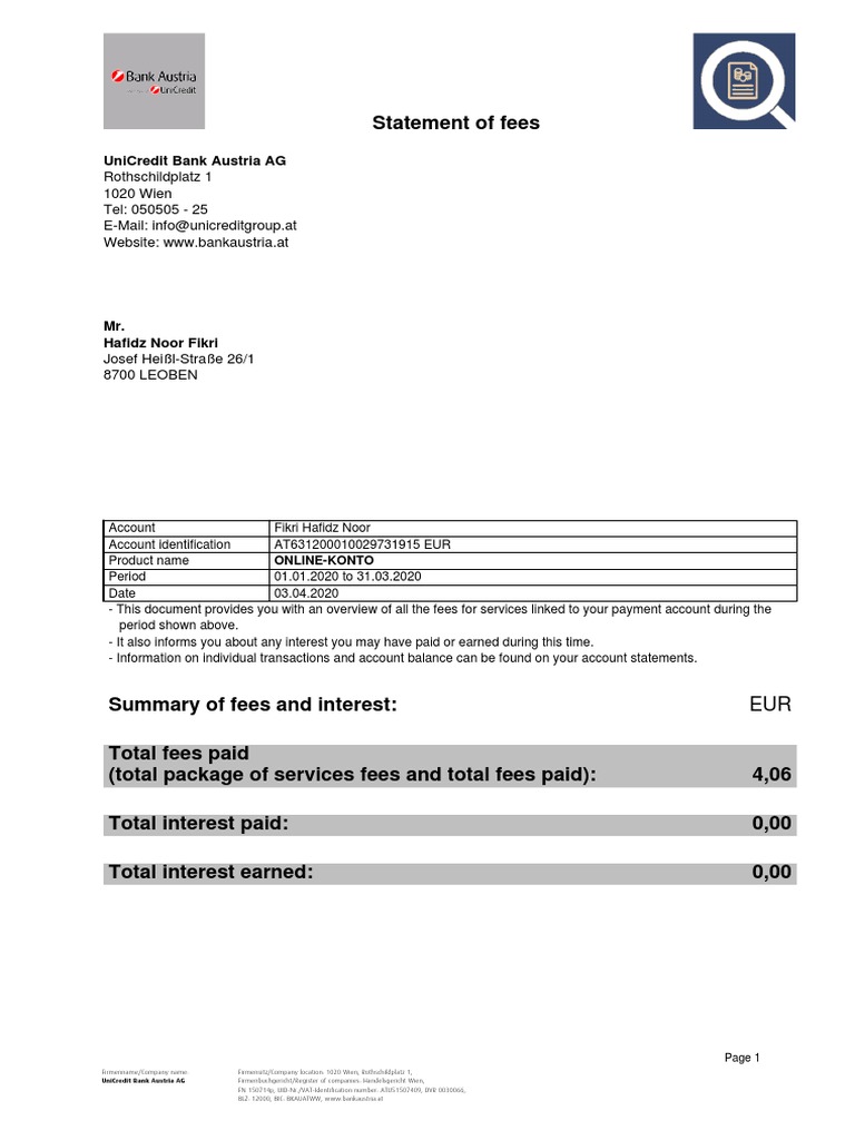 Statement of Fees: Unicredit Bank Austria Ag | PDF | Overdraft | Debit Card
