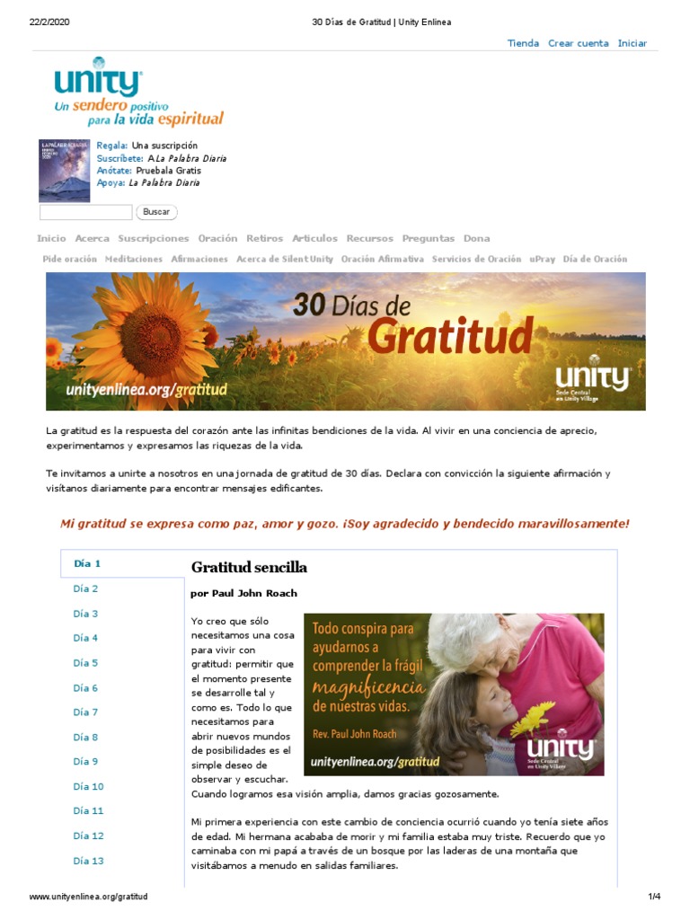 30 Días de Gratitud - Unity Enlinea1 | PDF | Oración | Bienestar