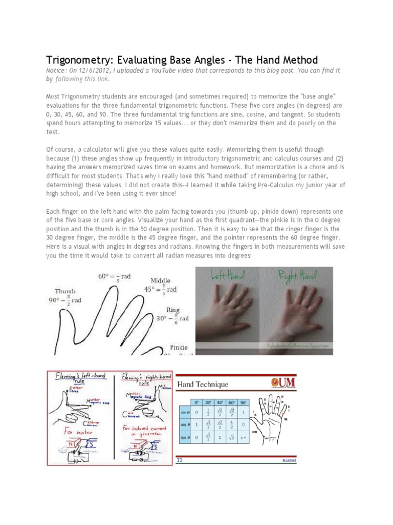 Trigonometry: Evaluating Base Angles - The Hand Method: Following This ...