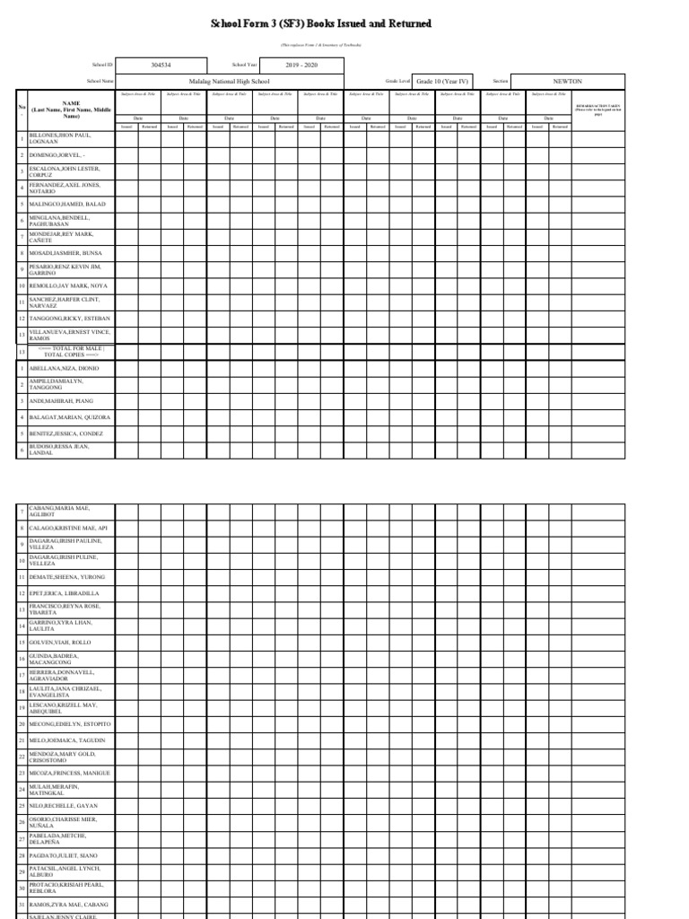 School Form 3 (SF3) Books Issued and Returned: 304534 2019 - 2020 ...