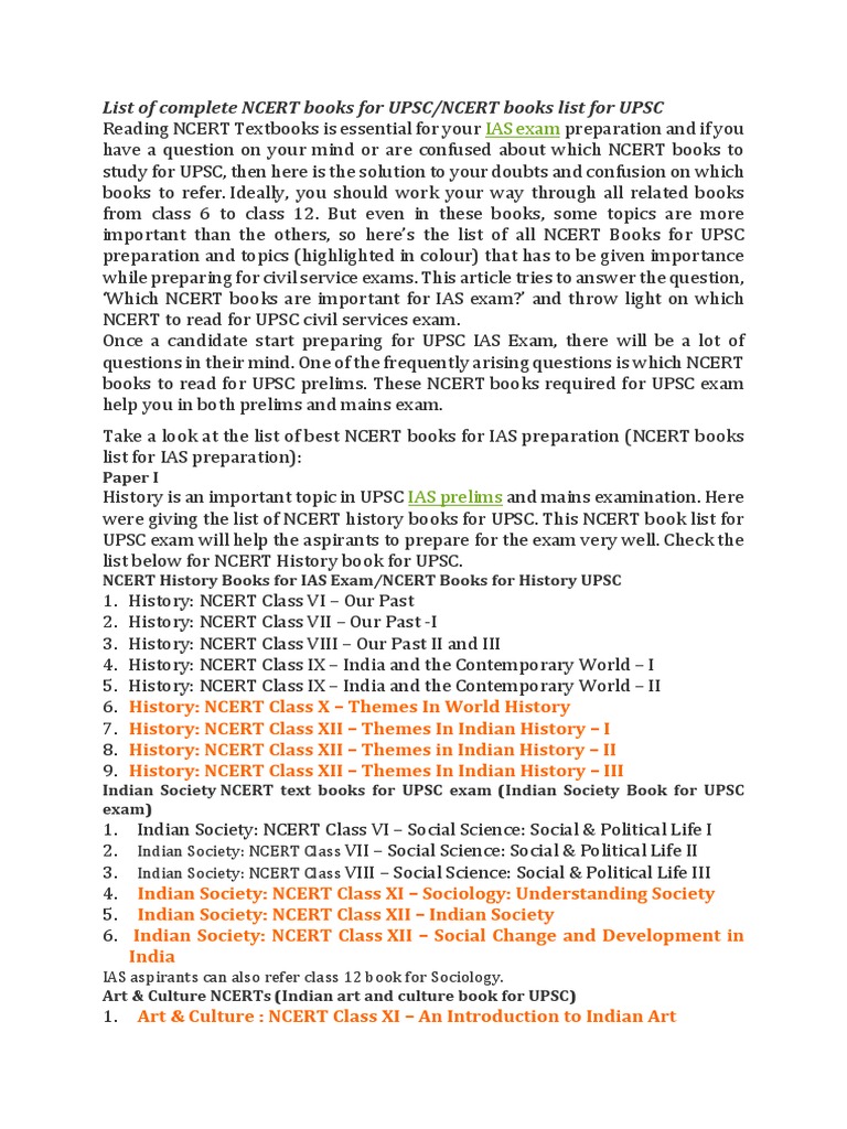 List of Complete NCERT Books For UPSC/NCERT Books List For UPSC | PDF ...
