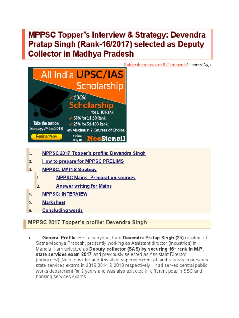 MPPSC Topper's Interview & Strategy: Devendra Pratap Singh (Rank-16/2017) Selected As Deputy ...