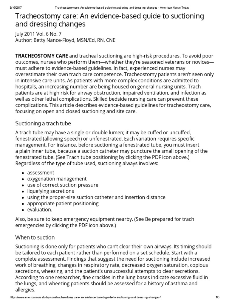 Tracheostomy Care - An Evidence-Based Guide To Suctioning and Dressing ...