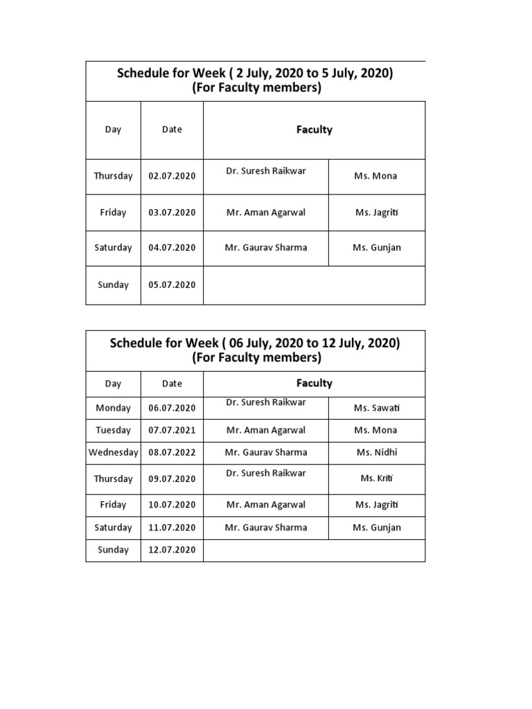 Weekly Faculty Schedule: July 2020 | PDF | Technology & Engineering ...
