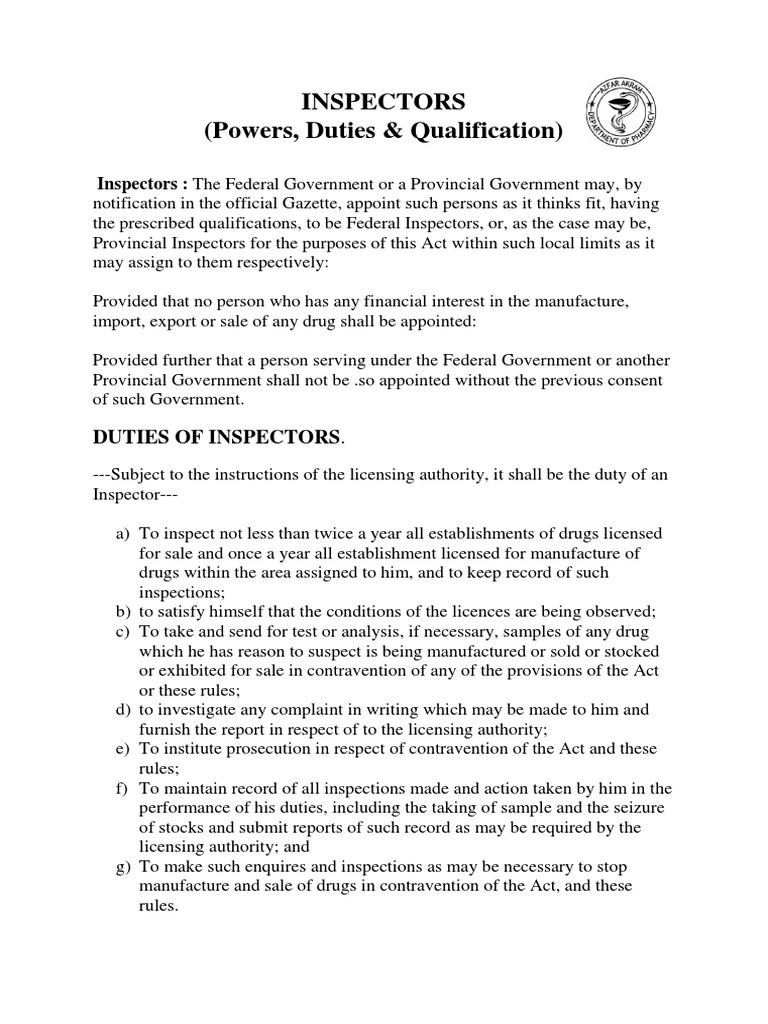 Powers, Duties & Qualification of Drug Inspector PDF | PDF ...