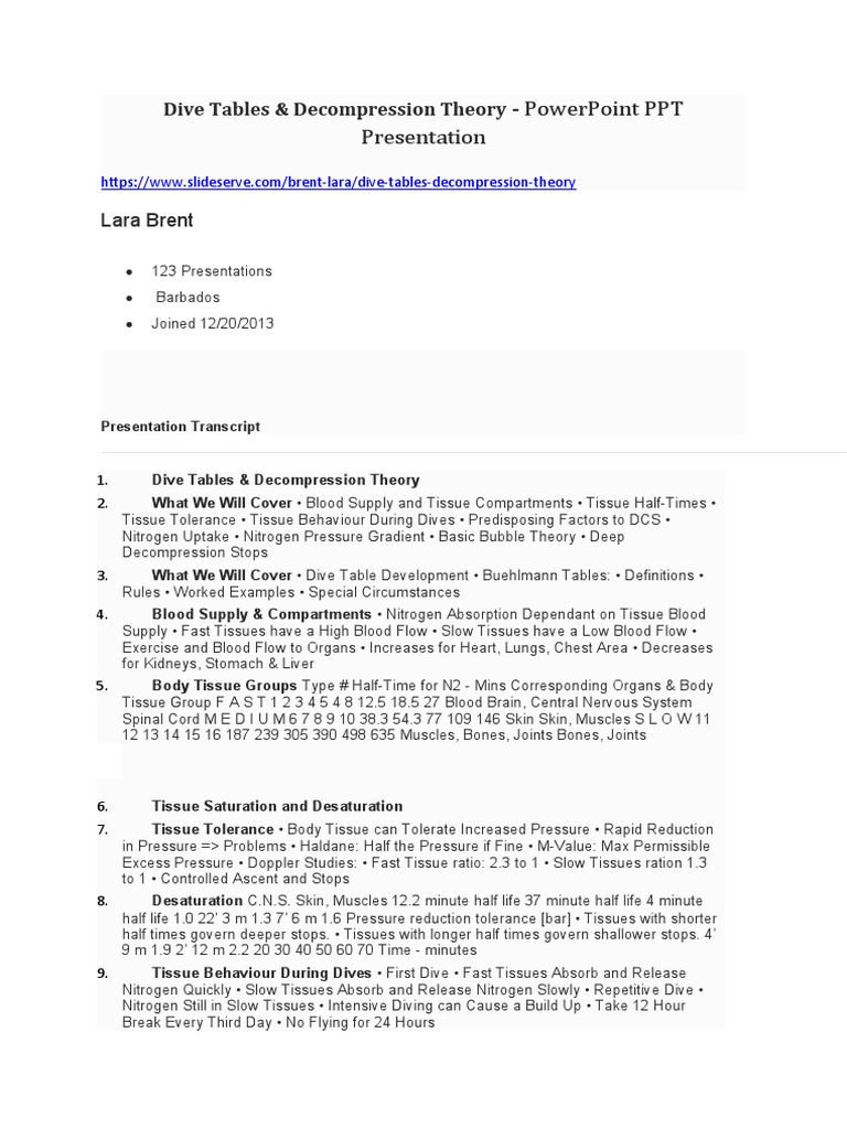 Dive Tables & Decompression Theory - PowerPoint | PDF | Underwater Diving | Physiology