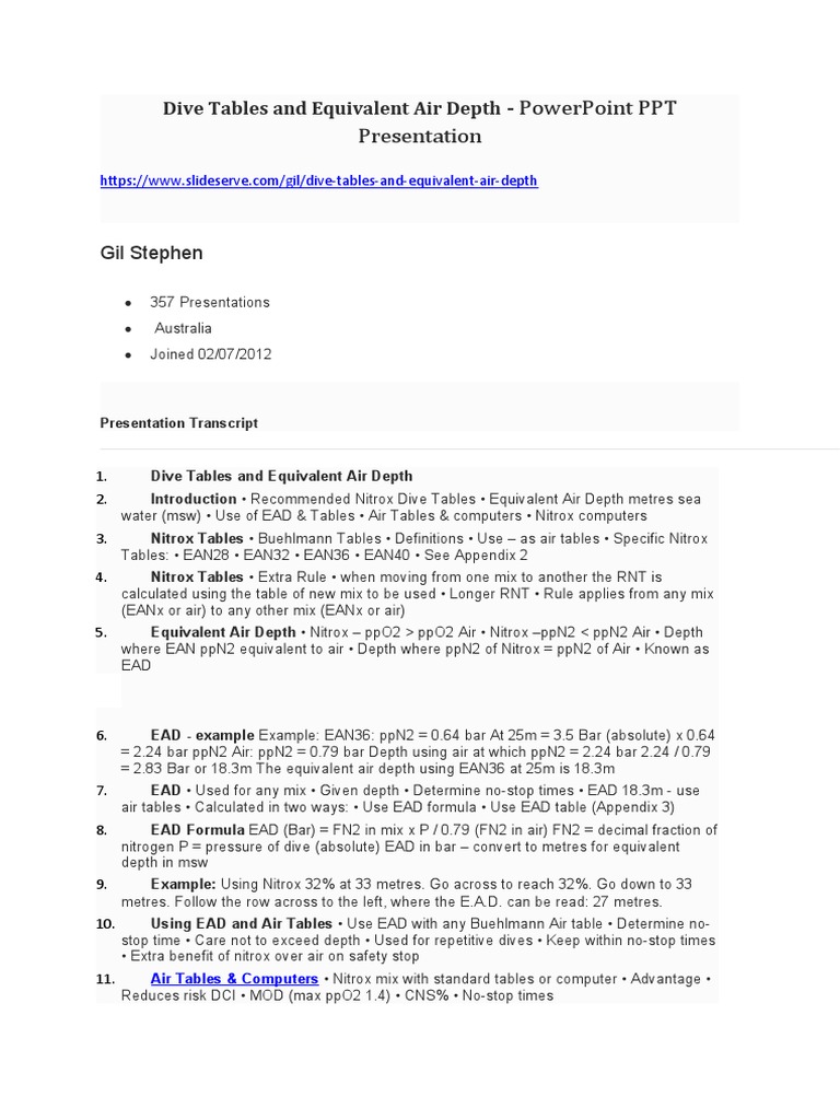 Dive Tables and Equivalent Air Depth | PDF | Diving Equipment ...