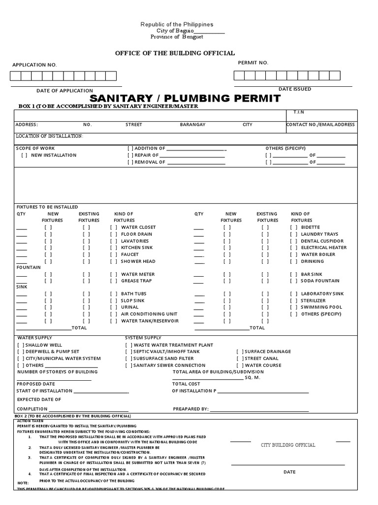 Sanitary/Plumbing Permit Application | PDF | Plumbing | Sewage Treatment