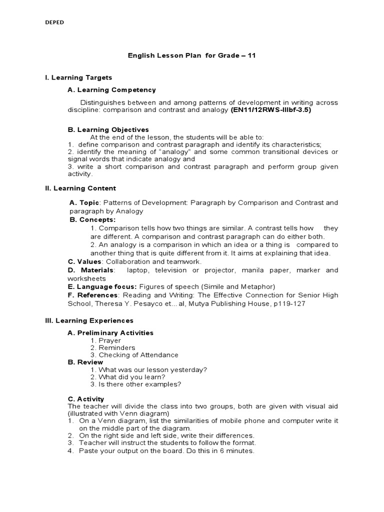 Lesson Plan Grade GRADE 11 | PDF | Analogy | Metaphor