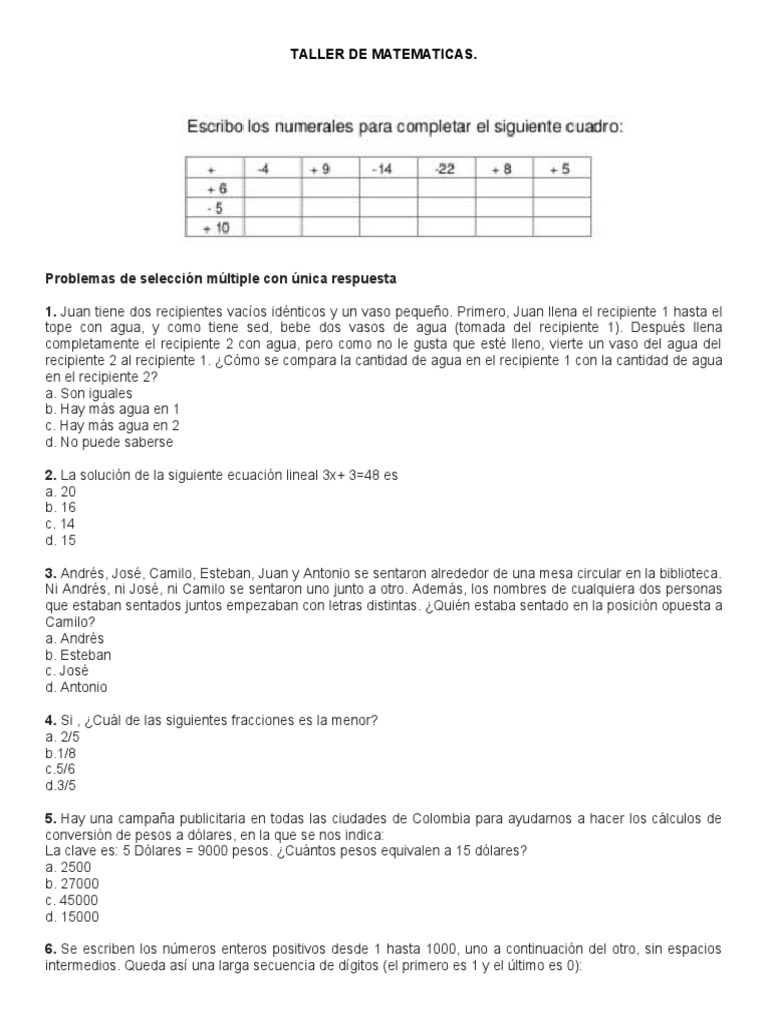 Taller de Matematicas | PDF | Matemática Elemental | Enseñanza de ...