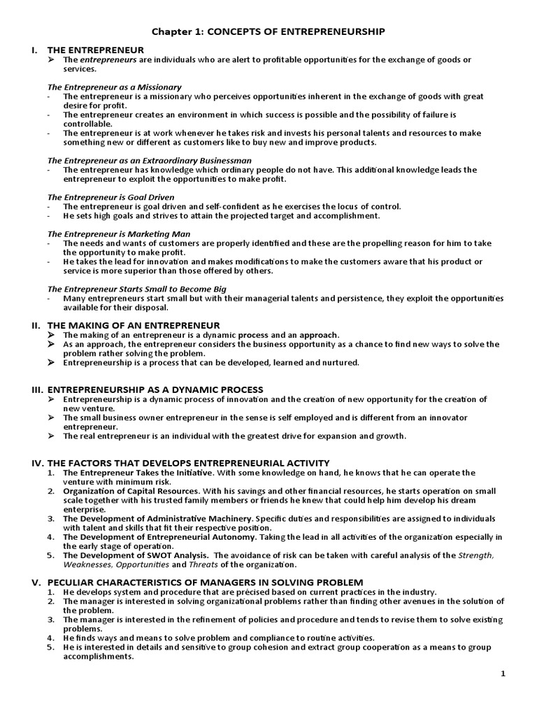 Chapter 1: Concepts of Entrepreneurship: I. The Entrepreneur | PDF ...