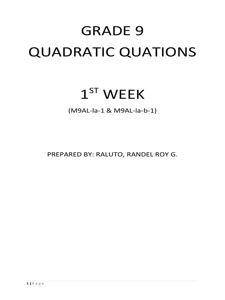 Grade 9 Quadratic Quations 1 Week: (M9AL-la-1 & M9AL-la-b-1) | PDF ...