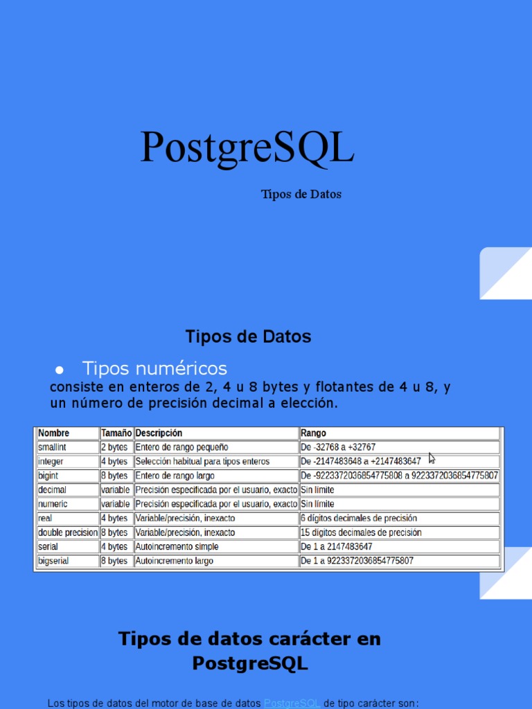 Guía de Tipos de Datos en PostgreSQL | PDF