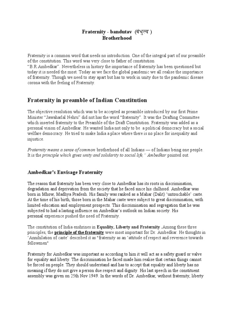 Fraternity in Preamble of Indian Constitution | PDF | Dalit | Virtue
