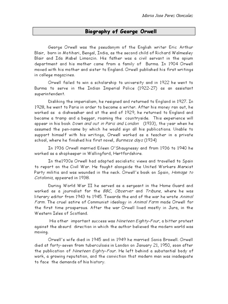 Biography of George Orwell | PDF | George Orwell