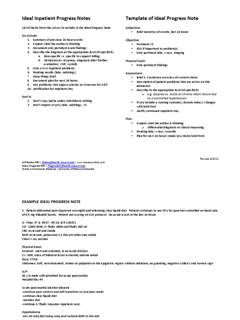 Ideal Inpatient Progress Notes Template of Ideal Progress Note | PDF ...