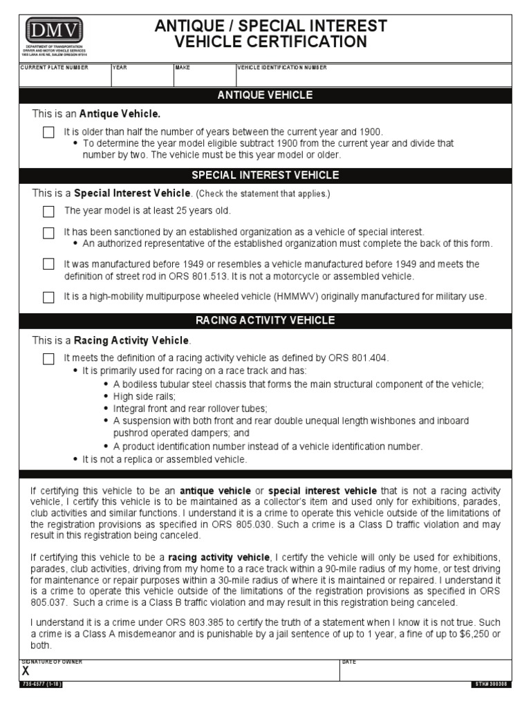 Antique / Special Interest Vehicle Certification | PDF | Department Of ...