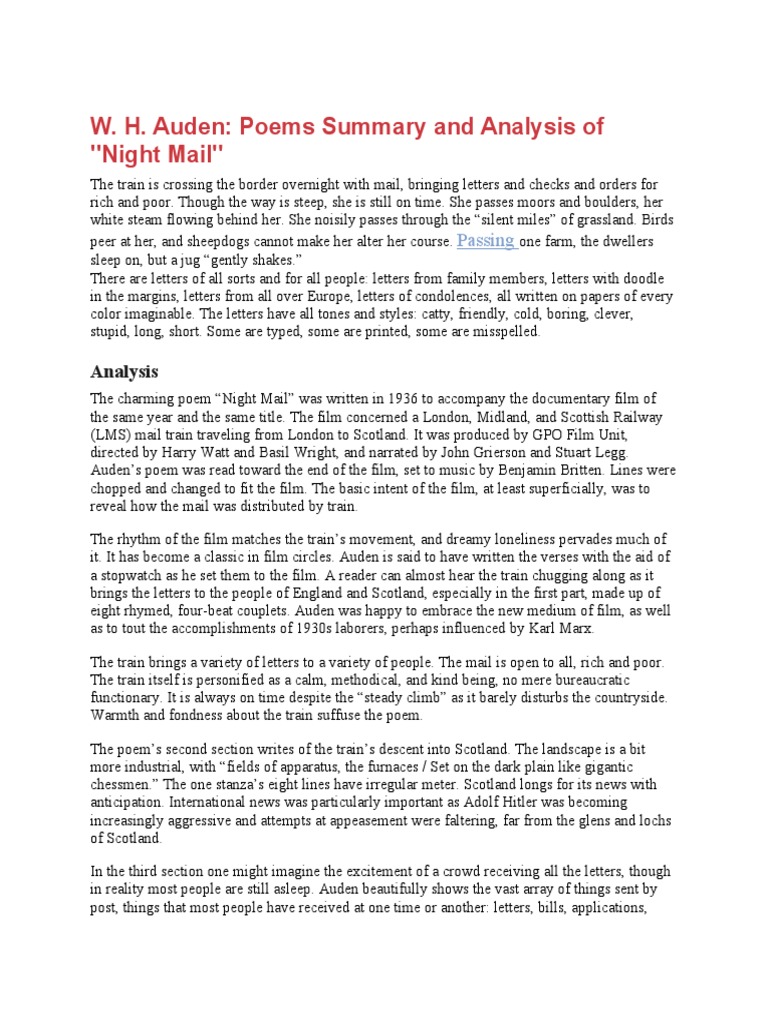 W. H. Auden: Poems Summary and Analysis of "Night Mail" | PDF