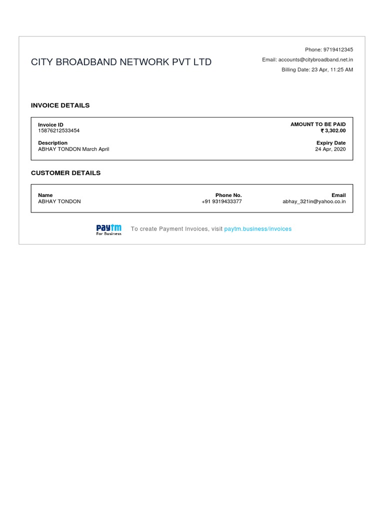 Invoice - 1587621436008 - CITY BROADBAND NETWORK PVT LTD | PDF
