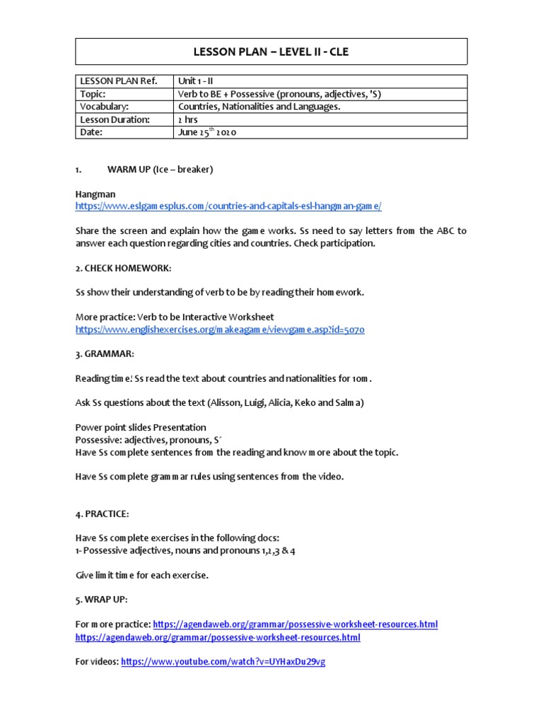Lesson Plan - Level Ii - Cle: WARM UP (Ice - Breaker) Hangman | PDF ...