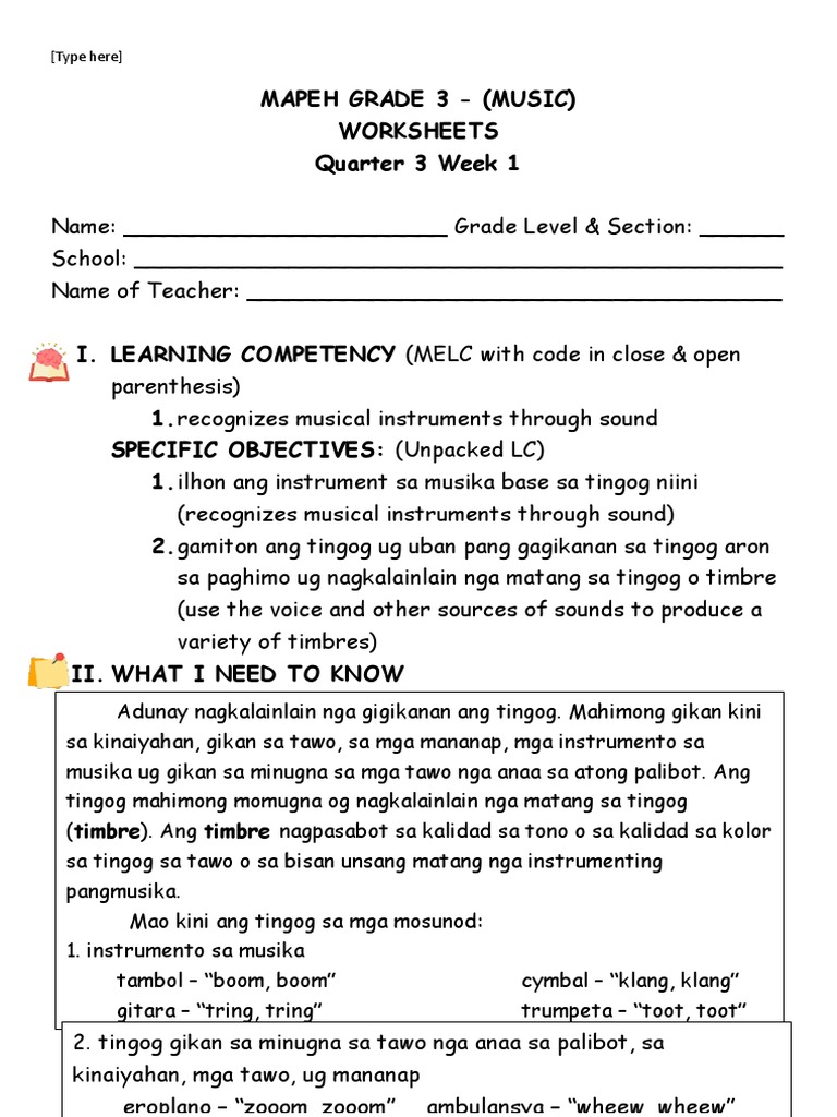 Worksheet in MAPEH 3 Quarter 3 Week 1 2 Music | PDF