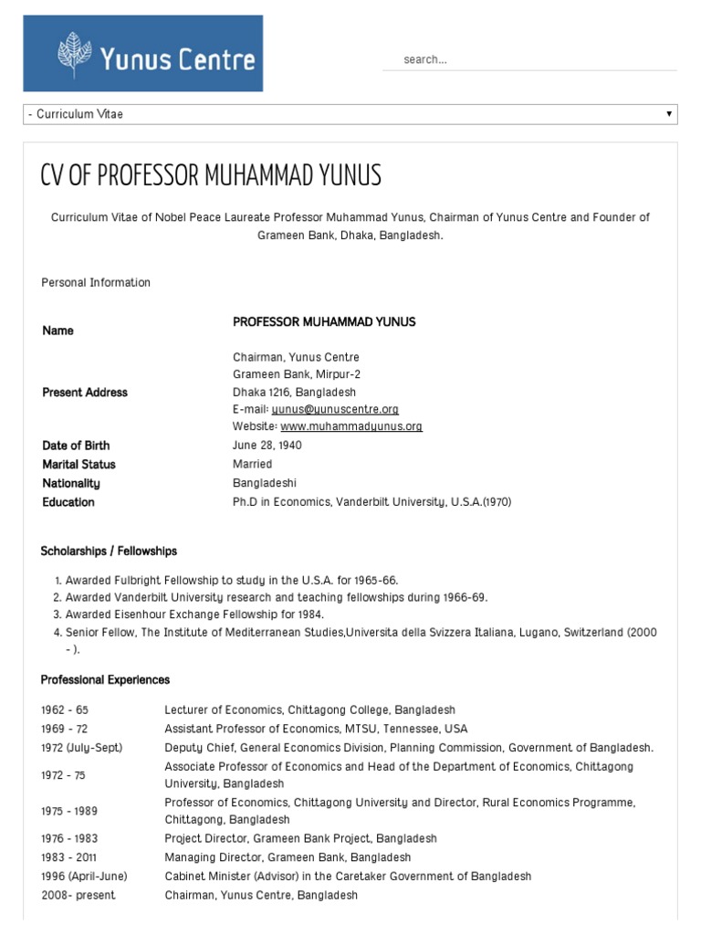 Curriculum Vitae of Dr. Yunus | PDF | Grameen Bank | Business