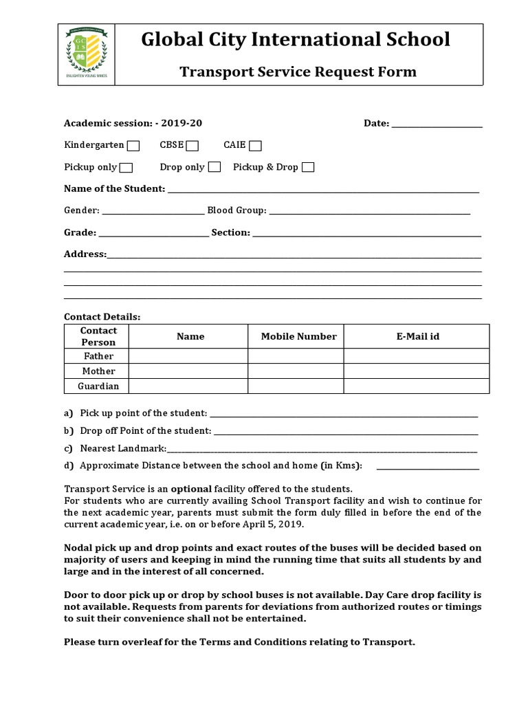Global City International School: Transport Service Request Form | PDF ...