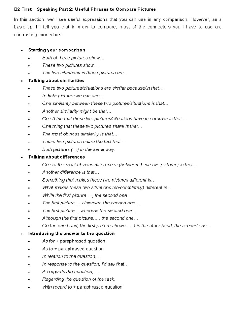 B2 First Speaking Part 2 Useful Phrases To Compare Photographs | PDF