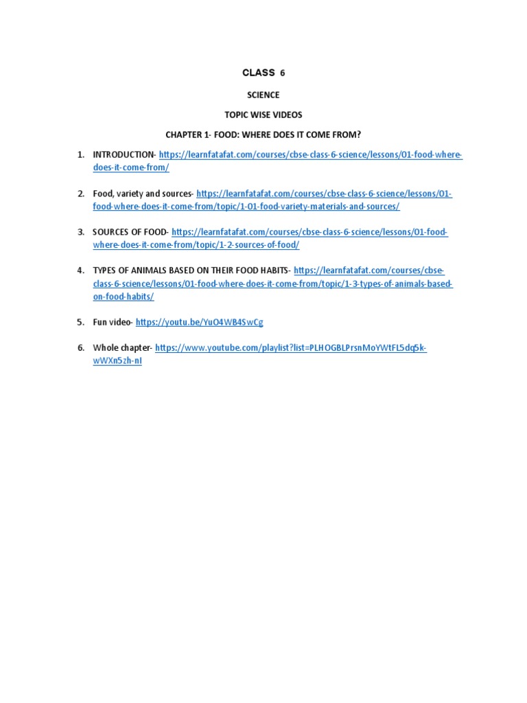 Introduction-: Class 6 Science Topic Wise Videos Chapter 1-Food: Where ...